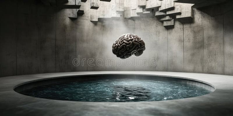 Floating Brain in Futuristic Concrete Pool Room with Geometric Ceiling ...