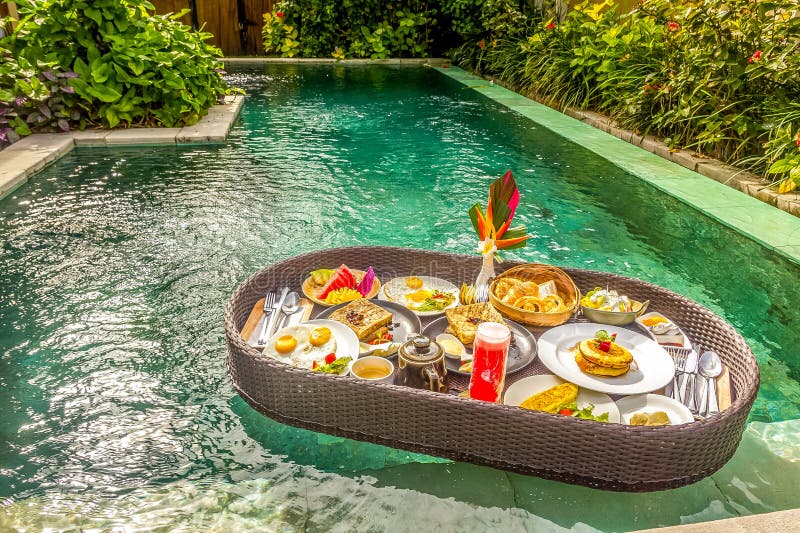 Floating Breakfast Tray in Swimming Pool at Luxury Hotel or Tropical ...