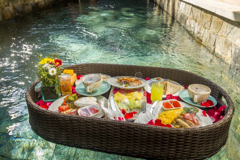 Floating Breakfast Tray in Swimming Pool at Luxury Hotel or Tropical ...