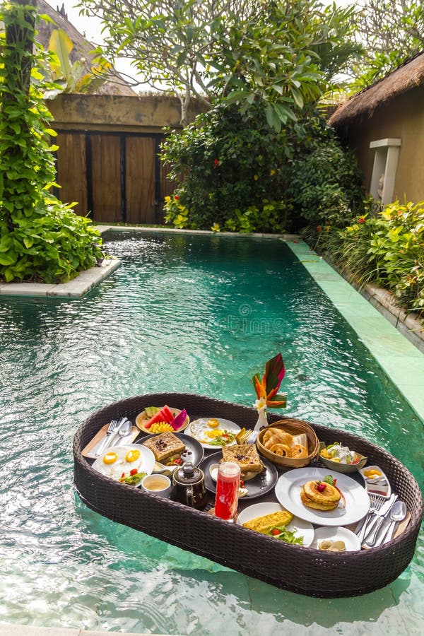 Floating Breakfast Tray in Swimming Pool at Luxury Hotel or Tropical ...