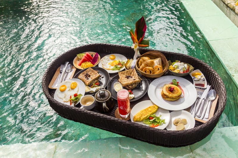 Floating Breakfast Tray in Swimming Pool at Luxury Hotel or Tropical ...