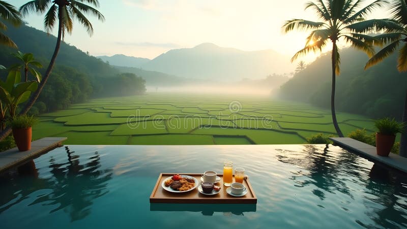 Tranquil Breakfast Overlooking Scenic Green Rice Fields at Sunrise ...