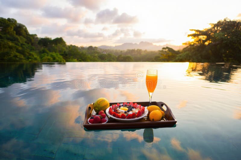 Floating Breakfast Tray in Infinity Pool Stock Illustration ...