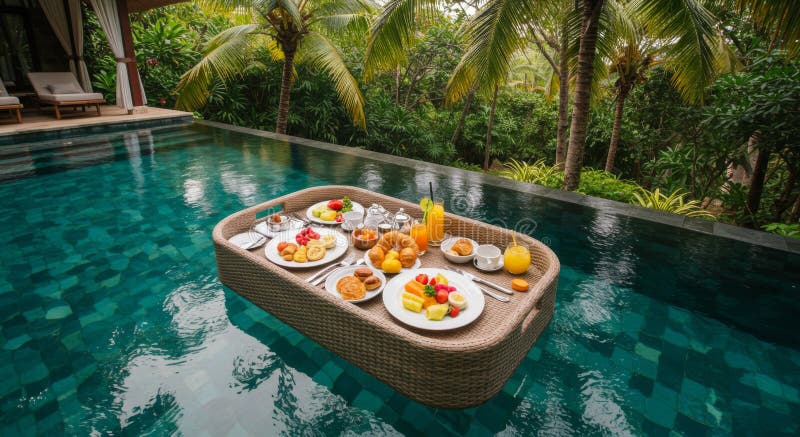 Floating Breakfast Tray in a Lush Tropical Pool Stock Illustration ...