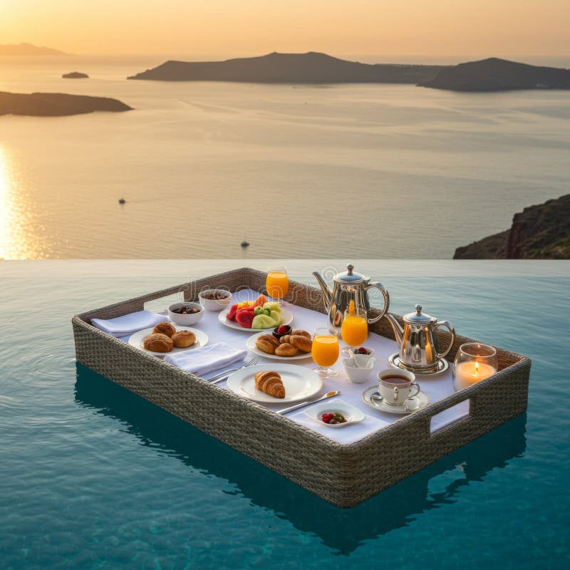 Floating Breakfast Tray with Ocean View at Sunset Stock Illustration ...