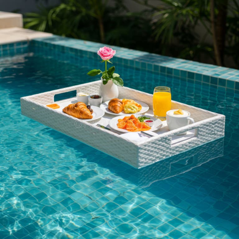 Floating Breakfast Tray in a Pool Stock Illustration - Illustration of ...