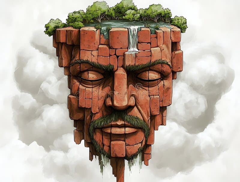 Floating Brick Face Island with Waterfall and Trees Stock Illustration ...