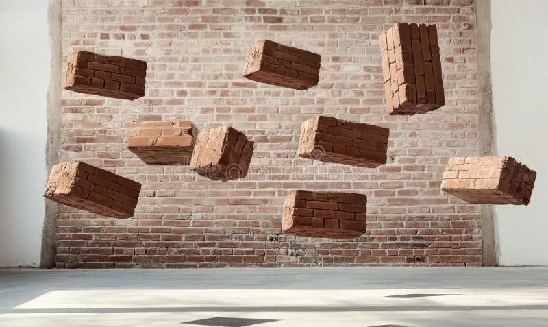 Floating Bricks Against Textured Brick Wall in Modern Interior Space, Showcasing Levitation Art ...