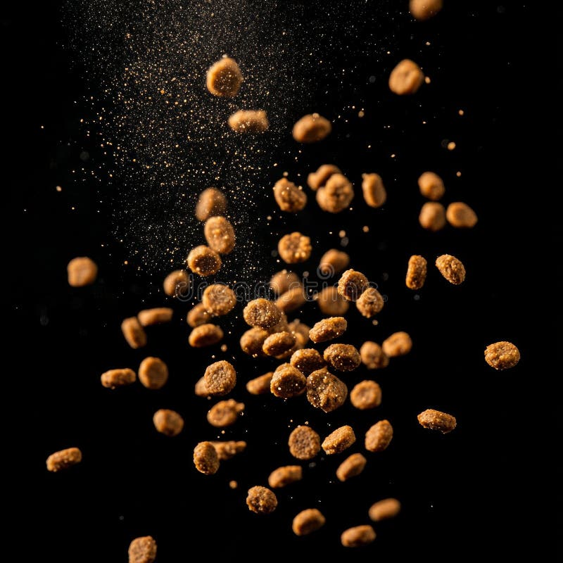 Floating Brown Kibble Against Black Background with Dust Particles ...