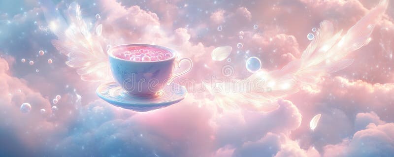 Floating Bubble Tea Cup on a Dreamy Platform Surrounded by Clouds and ...