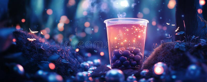 Floating Bubble Tea Cup in an Enchanted Forest Illuminated by Glowing ...