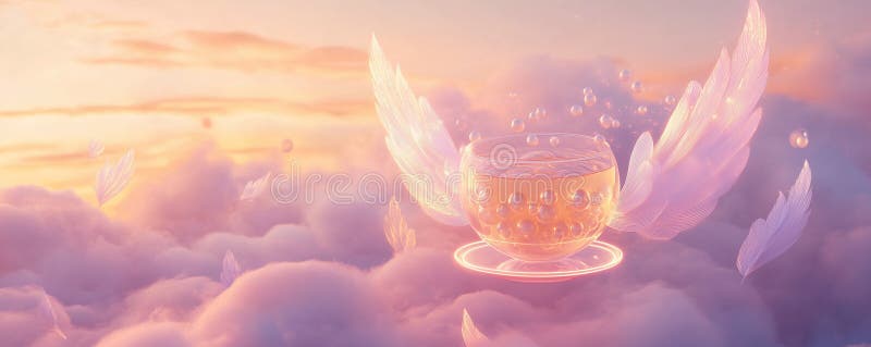 Floating Bubble Tea Cup Surrounded by Clouds at Sunset in a Surreal ...
