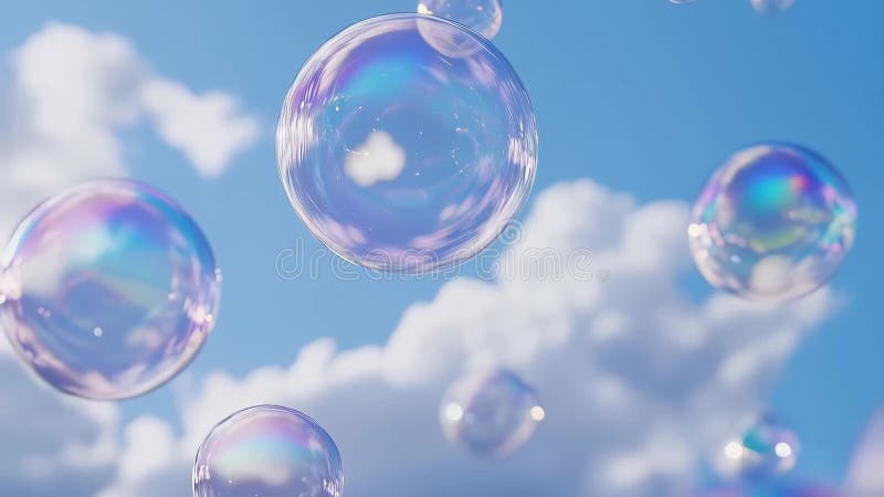 Floating Bubbles Reflecting Light Against a Blue Sky Background Stock ...