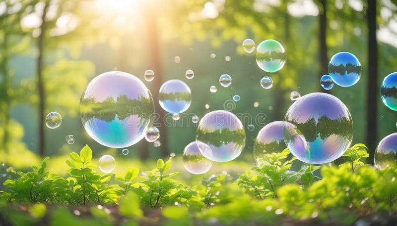 Floating Bubbles in the Forest Under the Sunlight Stock Illustration ...