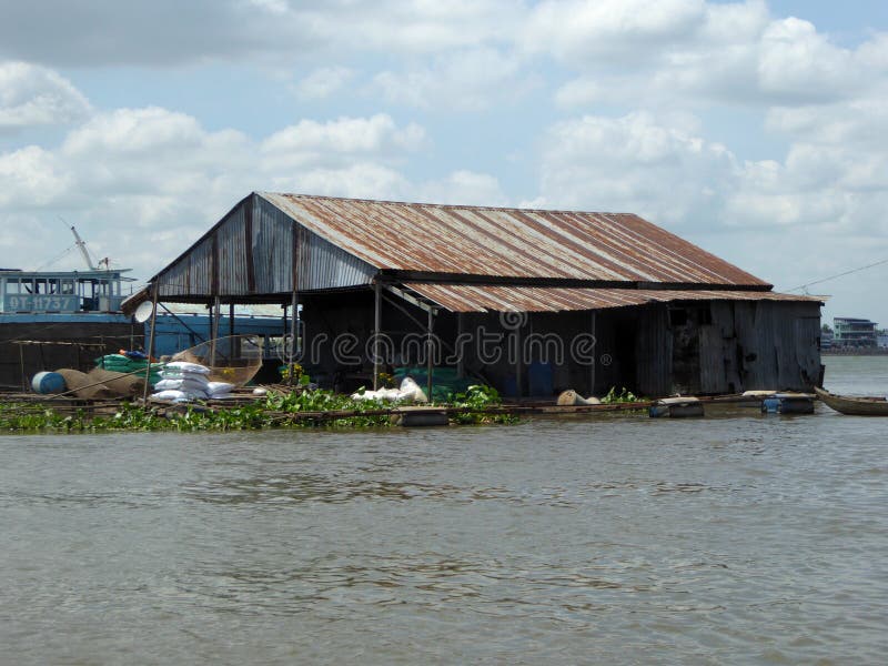 Floating Building on the Mekong River Delta Stock Photo - Image of ...