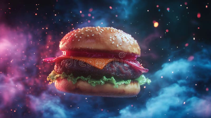 Floating Burger with Colorful Background and Dramatic Lighting Effects ...