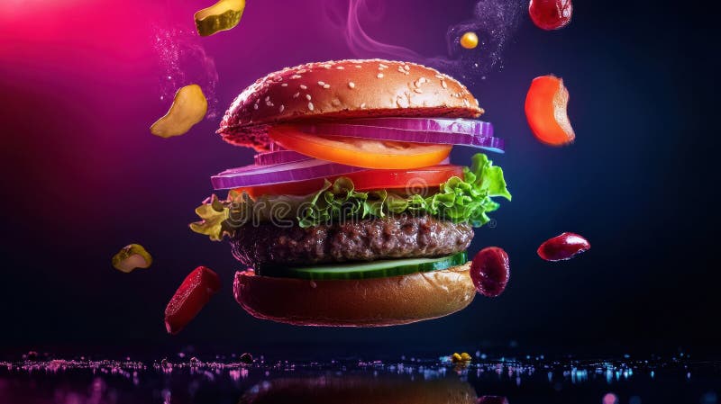 Floating Burger in Dynamic Pop-art Style with Vibrant Colors and ...