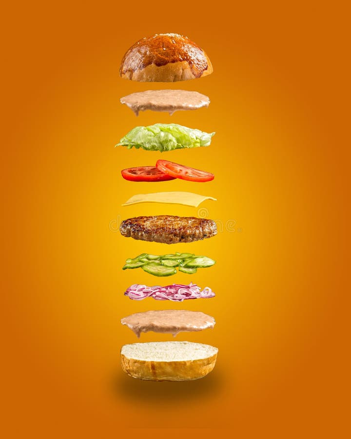 Floating Burger Ingredients on the Yellow Background Stock Image ...