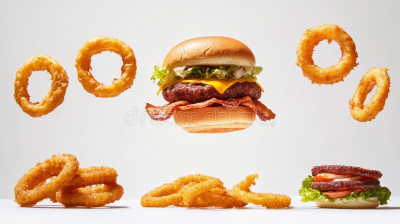 Floating Burger and Onion Rings on White Background Stock Illustration ...