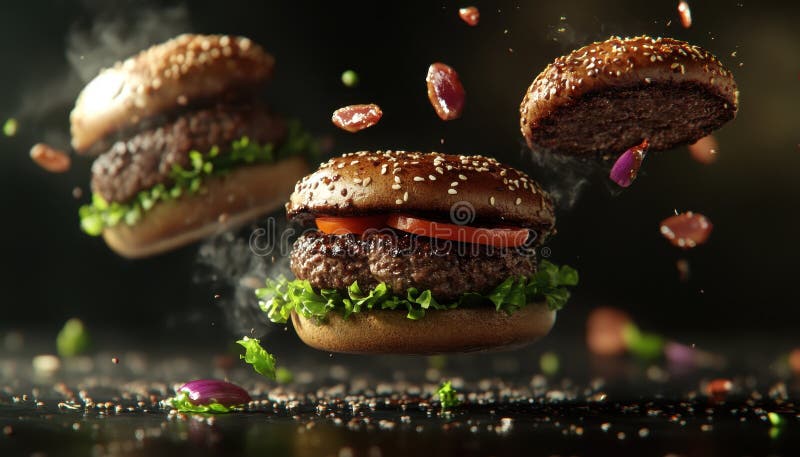 Floating Burgers with Fresh Ingredients Create an Appetizing Display at ...