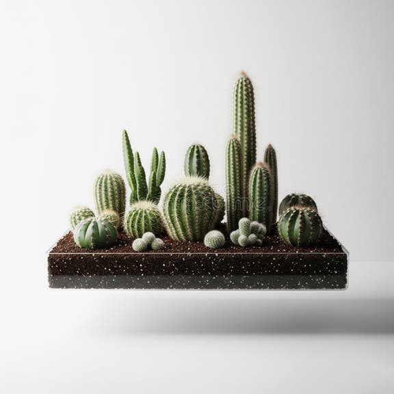 Floating Cactus Garden in Shallow Tray on a Solid White Background ...