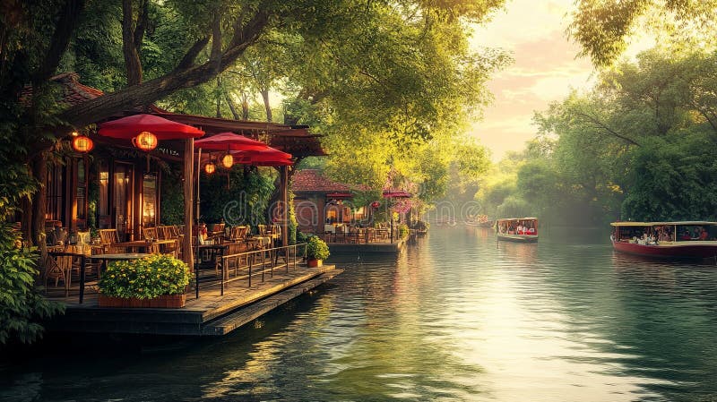 Floating Cafe on a Tranquil River, with Boats Passing by and a Stock ...