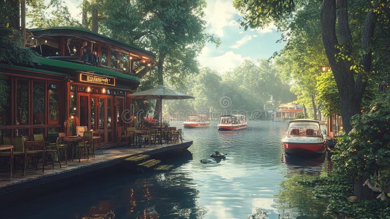 Floating Cafe on a Tranquil River, with Boats Passing by and a Stock ...