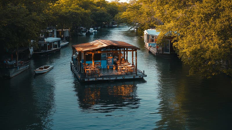 Floating Cafe on a Tranquil River, with Boats Passing by and a Relaxing ...