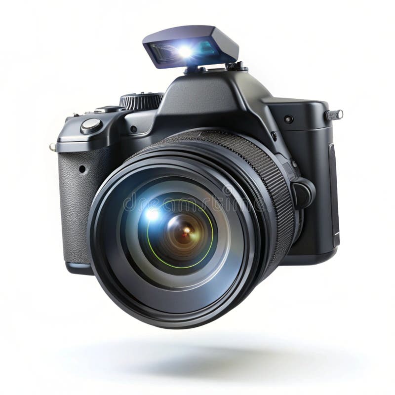 Floating Camera with Rotating Lens and Flash Stock Illustration ...