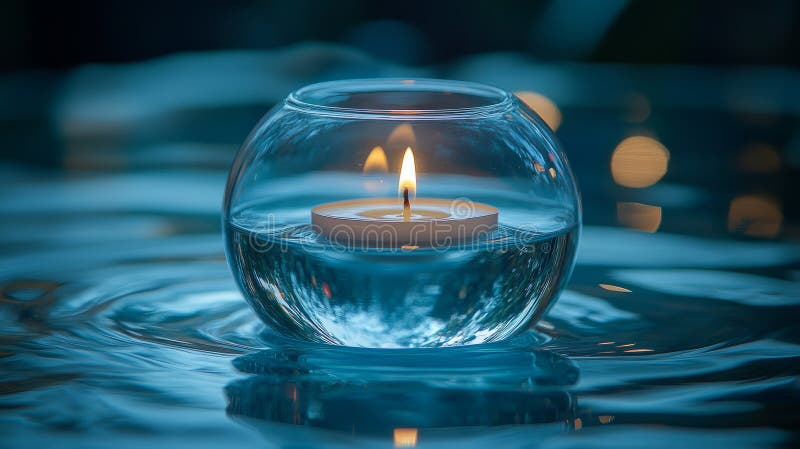 Floating Candle in a Glass Bowl on Water, Reflecting Light. Stock Photo ...