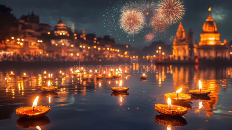 Floating Candles Fireworks Over Temples Night Stock Photos - Free ...