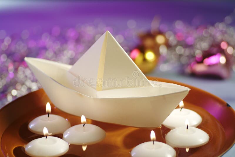 Floating Candles and Paper Boat Stock Image - Image of holiday ...
