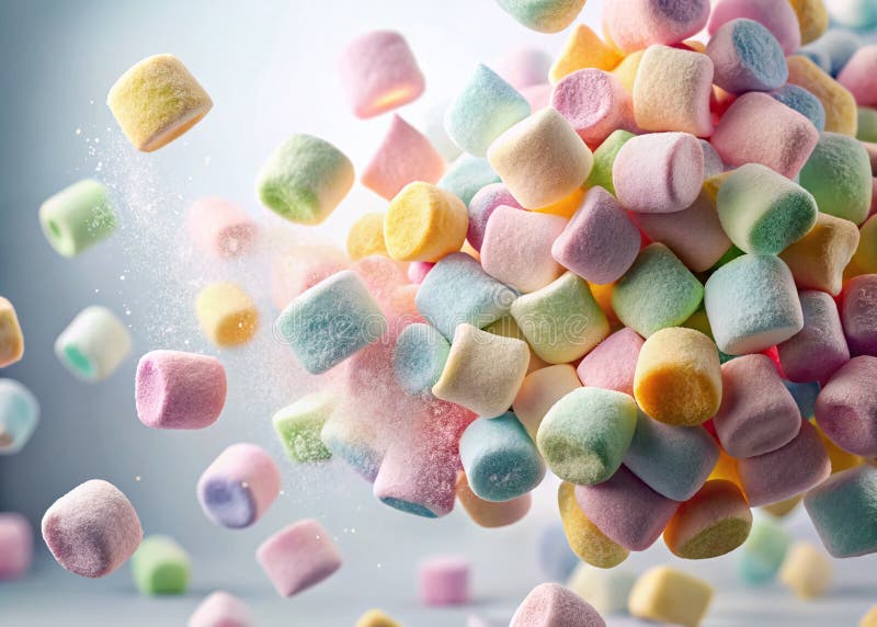 Floating Candy Clouds a Whimsical Double Exposure of Vibrant Marshmallows Against a Pristine ...