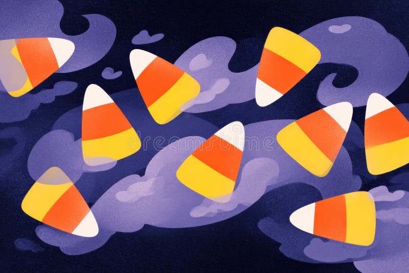 Floating Candy Corn on Purple Smoky Background for Halloween Design ...