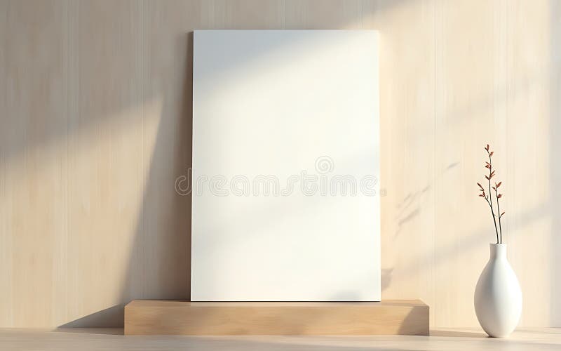 A Floating Canvas on a Light Wooden Panel Wall with Natural Shadows ...