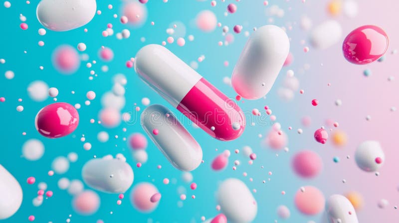 Floating Capsules and Particles on a Vibrant Pastel Background Stock ...