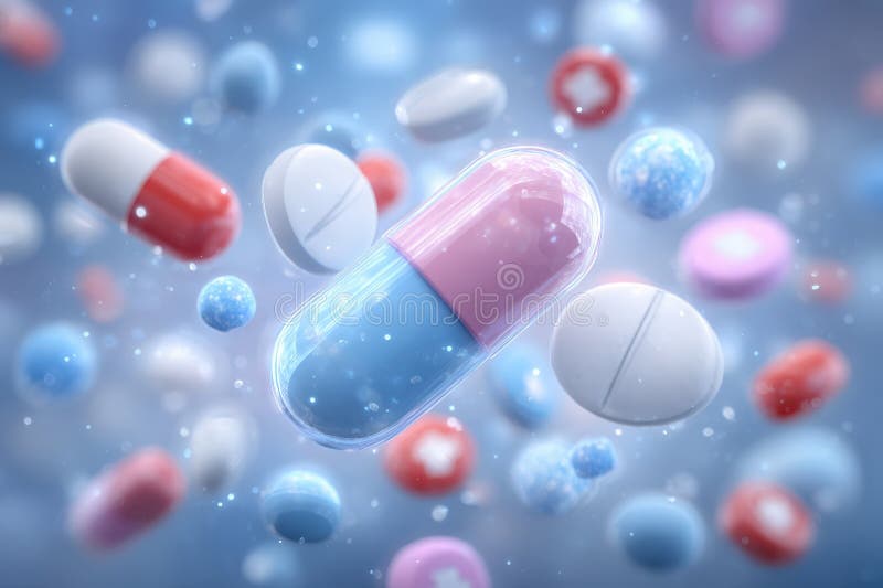 Colorful Capsules and Tablets Floating in a Tranquil Setting with a ...