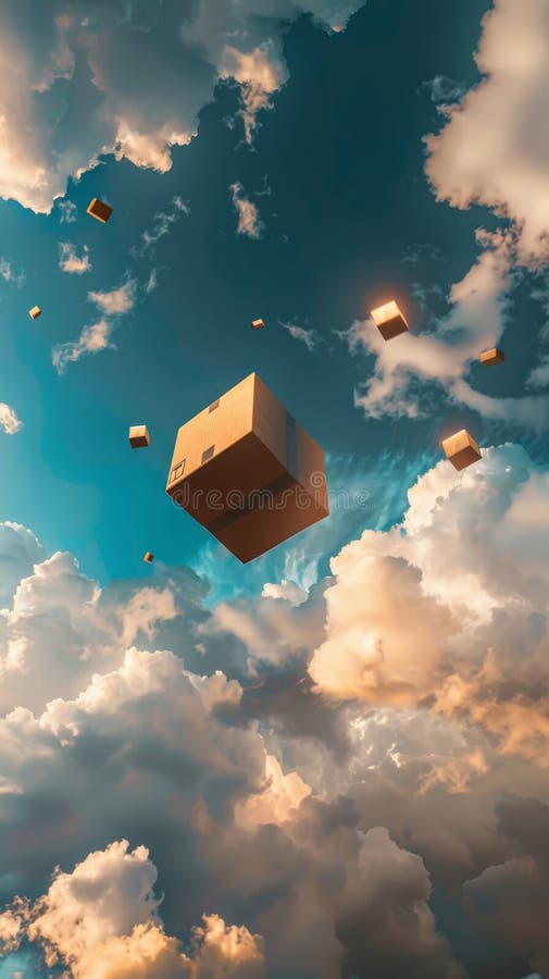 Floating Cardboard Boxes in a Cloudy Sky, Surreal Concept Stock Photo - Image of skyscape ...