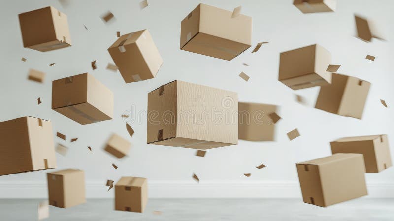 Cardboard Boxes Soaring through the Air in Bright Space Stock Photo ...