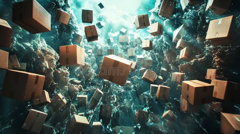 Floating Cardboard Boxes Underwater in a Surreal Setting Stock Photo ...