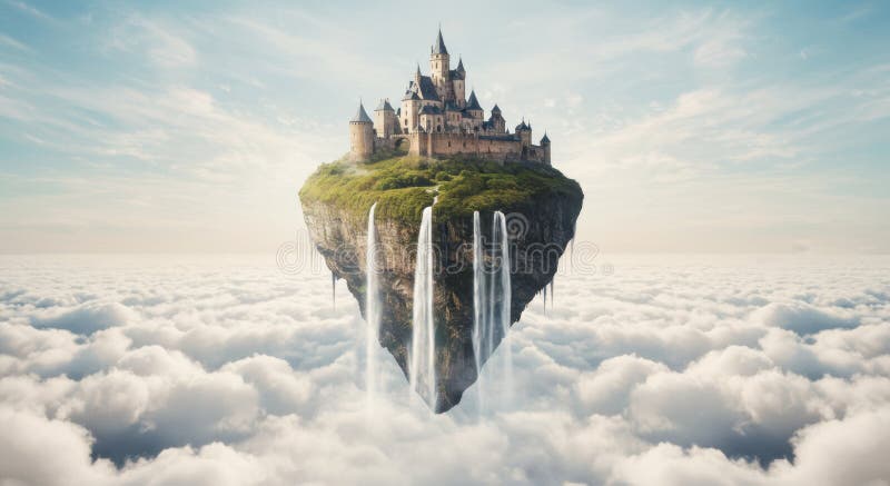 Floating Castle Above Clouds with Waterfalls in Dreamlike Fantasy ...