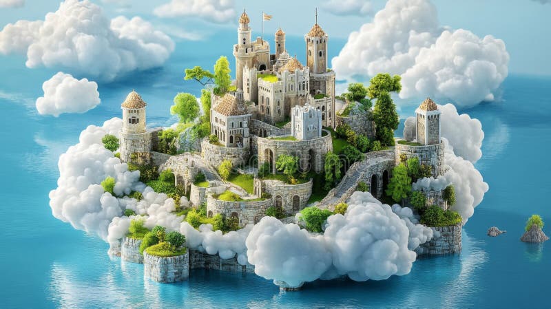 Floating Castle on a Cloud Island Stock Illustration - Illustration of rendering, green: 367625351