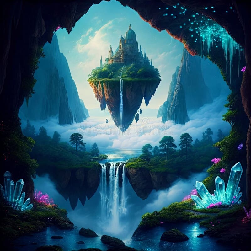 Hidden Sanctuary, a Floating Isle of Wonder and Majesty Stock Illustration - Illustration of ...