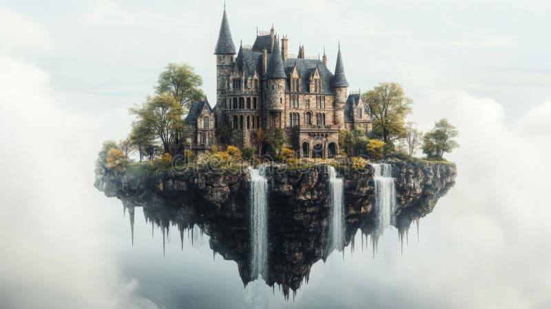 Floating Castle Island Amidst Clouds Stock Illustration - Illustration ...