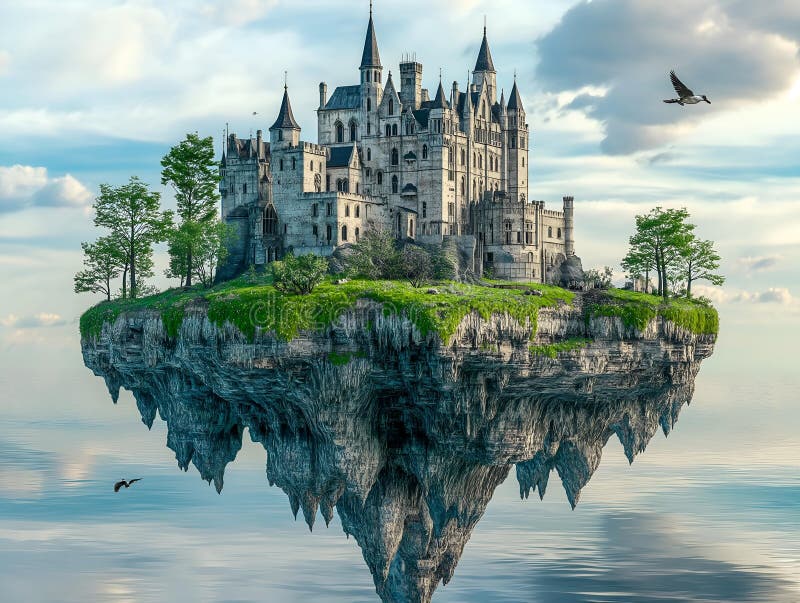 Floating Castle Island, Calm Water, Fantasy Architecture, Serene Scene ...