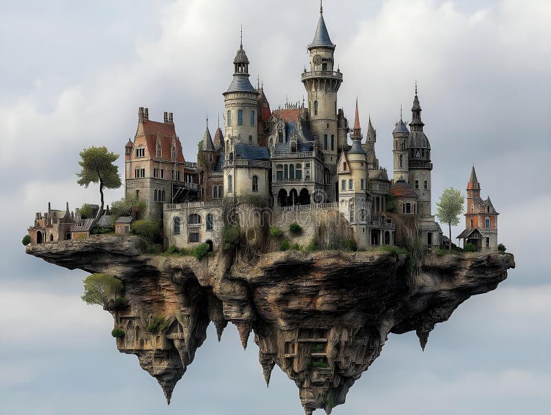 Floating Castle Island, Fantasy Architecture, Cloudy Sky, Aerial View ...