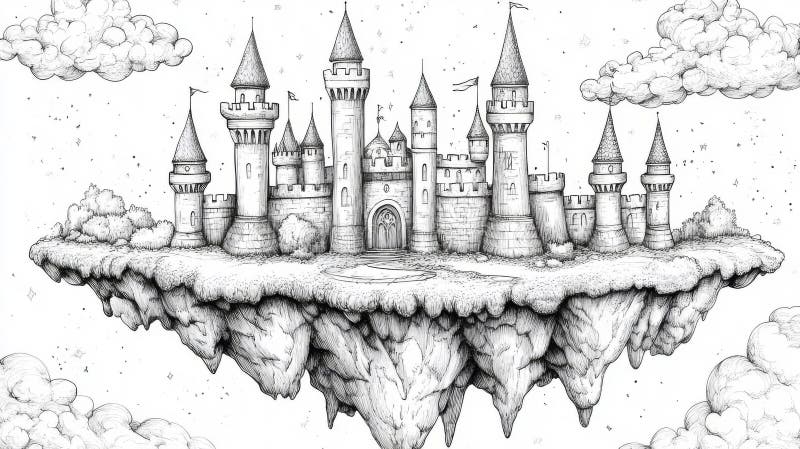 Floating Castle Island Fantasy Ink Drawing Stock Illustration ...