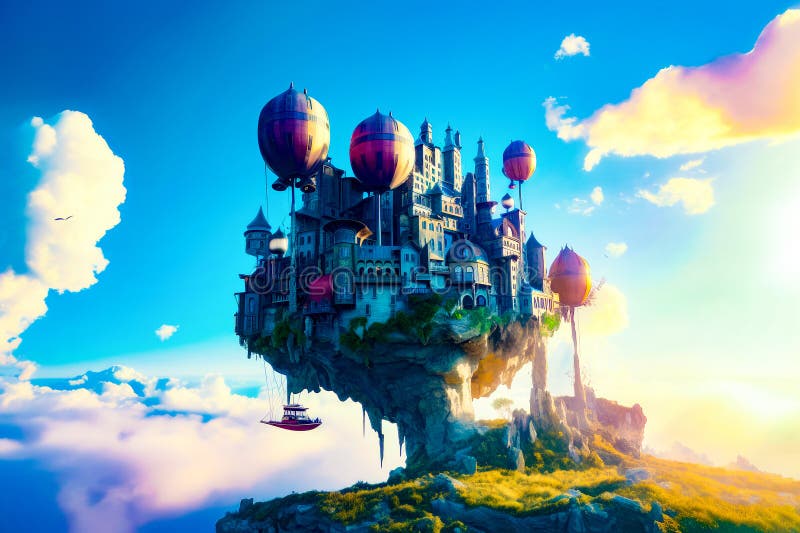 Floating Castle in the Sky with Balloons Floating Over it and Boat ...