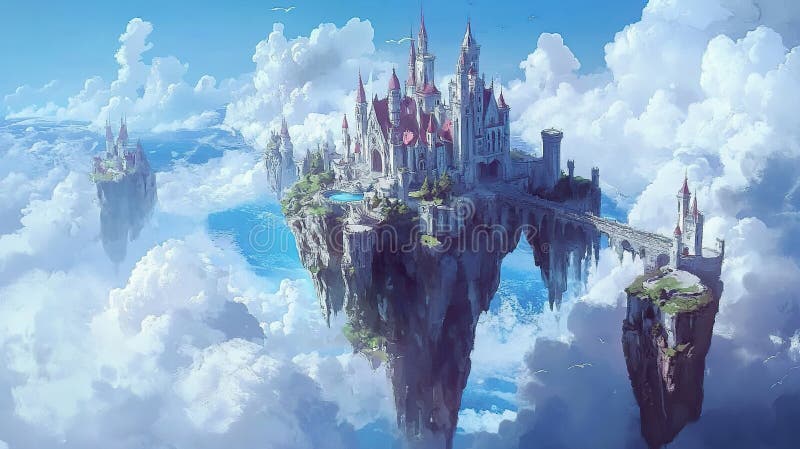 Floating Castle in the Sky with Bridges Connecting Smaller Castles on ...