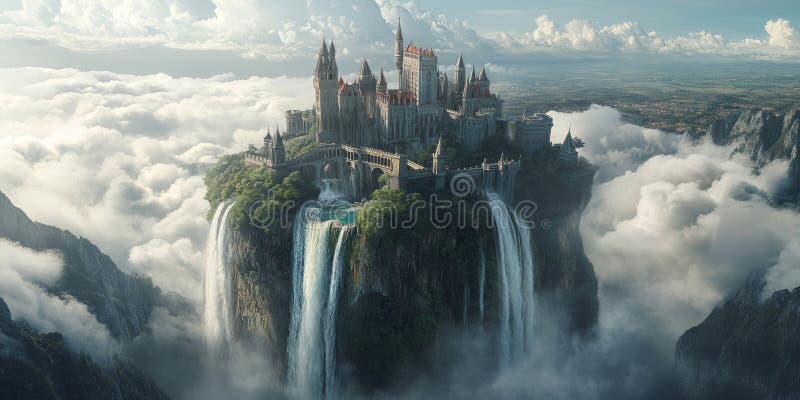 A Floating Castle Surrounded by Waterfalls for Fantasy, Magical, and ...